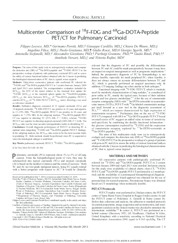 (PDF) Multicenter Comparison of 18F-FDG and 68Ga-DOTA-Peptide PET/CT for Pulmonary Carcinoid