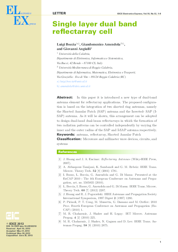 (PDF) Single Layer Dual Band Reflectarray Cell
