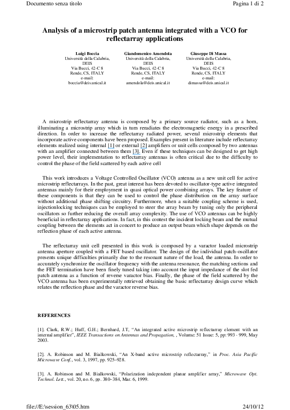 (PDF) Analysis of a Microstrip Patch Antenna Integrated with a VCO for Reflectarray Applications