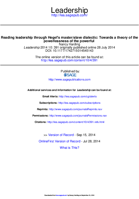 (PDF) Reading leadership through Hegel's master/slave dialectic ...