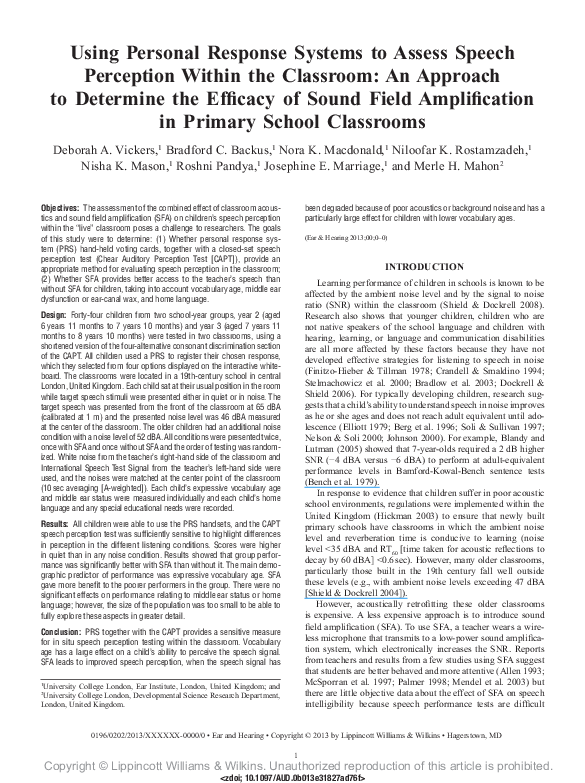 (PDF) Using Personal Response Systems to Assess Speech Perception ...