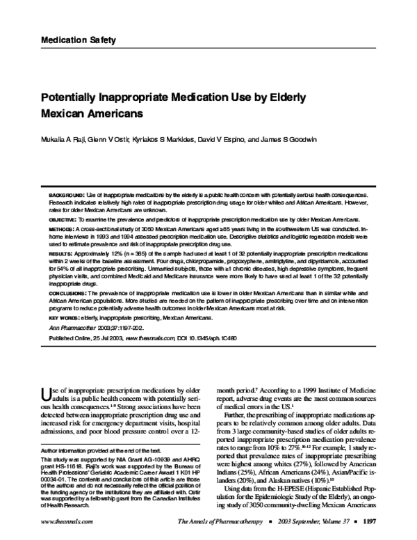 (PDF) Potentially Inappropriate Medication Use by Elderly Mexican Americans