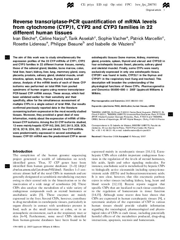 (PDF) Reverse transcriptase-PCR quantification of mRNA levels from cytochrome (CYP)1, CYP2 and ...