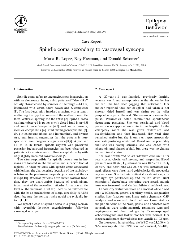 (PDF) Spindle coma secondary to vasovagal syncope