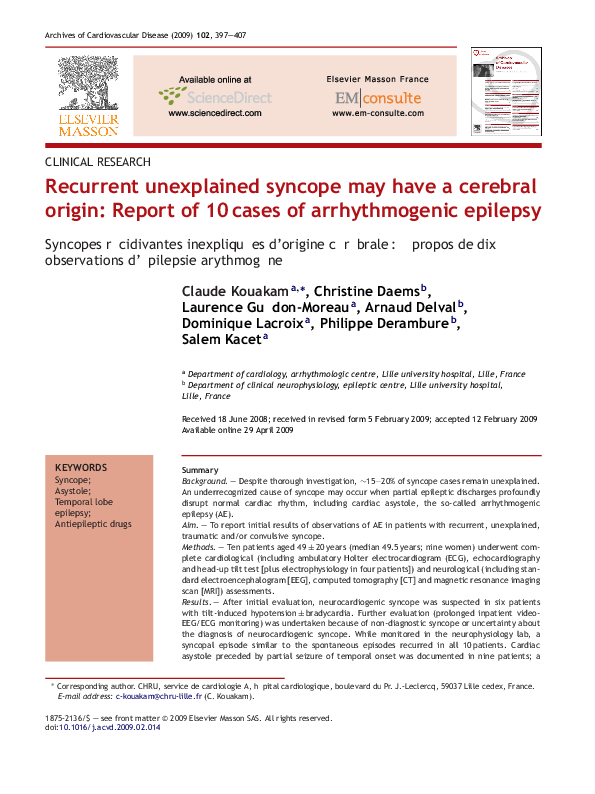 (PDF) Recurrent unexplained syncope may have a cerebral origin: Report of 10 cases of ...