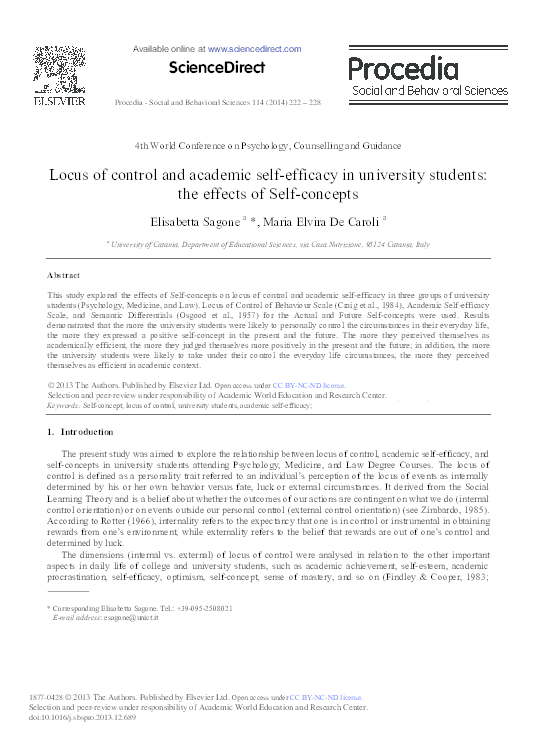 (PDF) ScienceDirect Locus of control and academic self-efficacy in university students: the ...