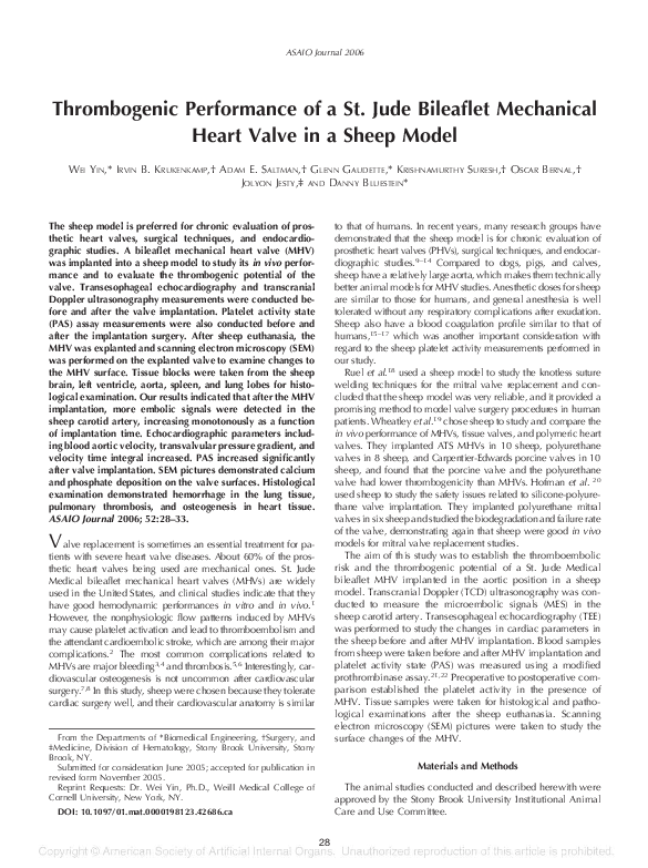 (PDF) Thrombogenic Performance of a St. Jude Bileaflet Mechanical Heart ...