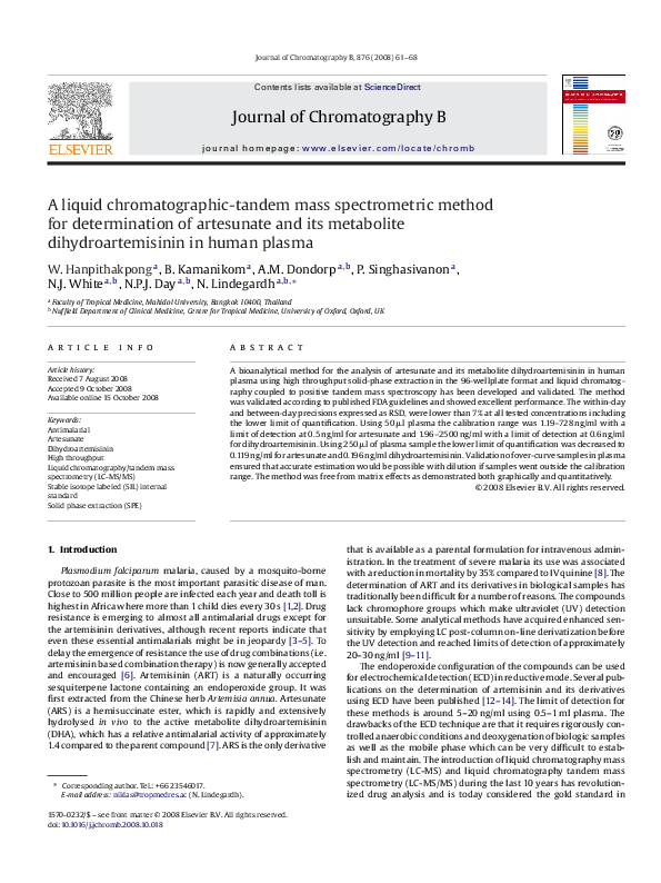 Pdf A Liquid Chromatographic Tandem Mass Spectrometric Method For Determination Of Artesunate