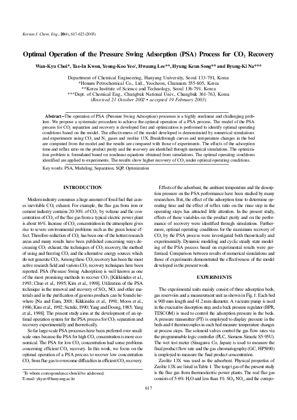 (PDF) Optimal operation of the pressure swing adsorption (PSA) process ...