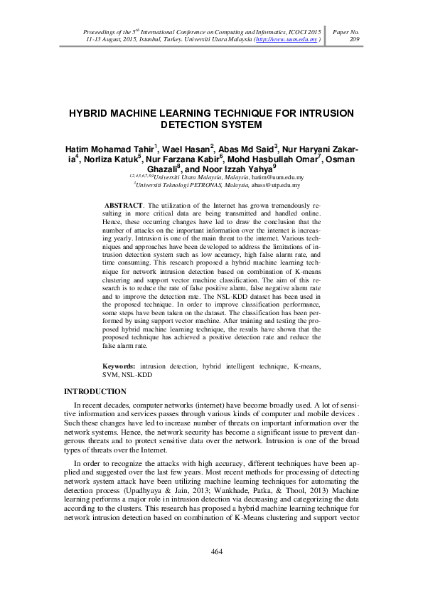 Pdf Hybrid Machine Learning Technique For Intrusion Detection System