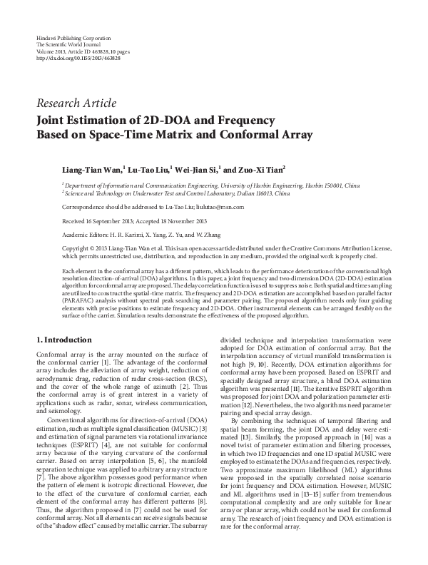 Pdf Joint Estimation Of 2d Doa And Frequency Based On Space Time Matrix And Conformal Array