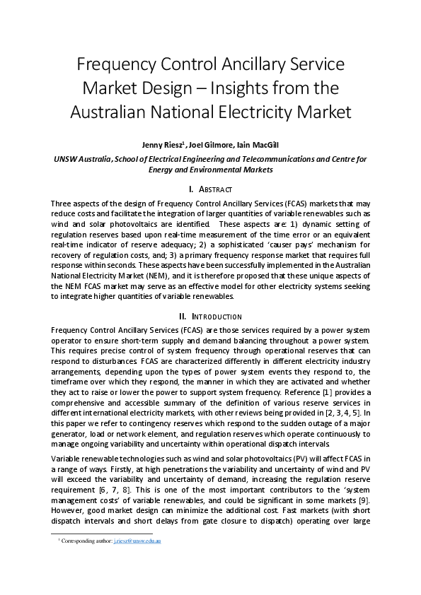 (PDF) Frequency Control Ancillary Service Market Design: Insights from ...