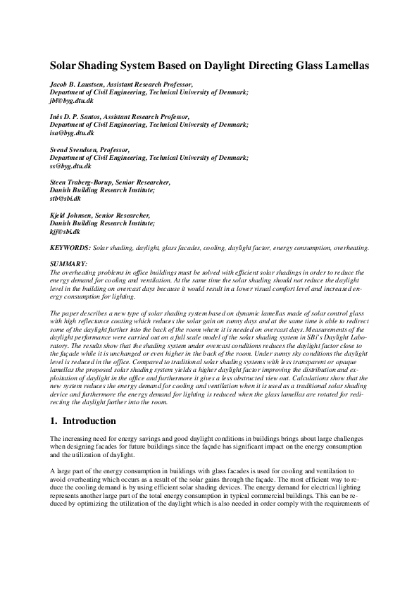 (PDF) Solar shading system based on daylight directing glass lamellas