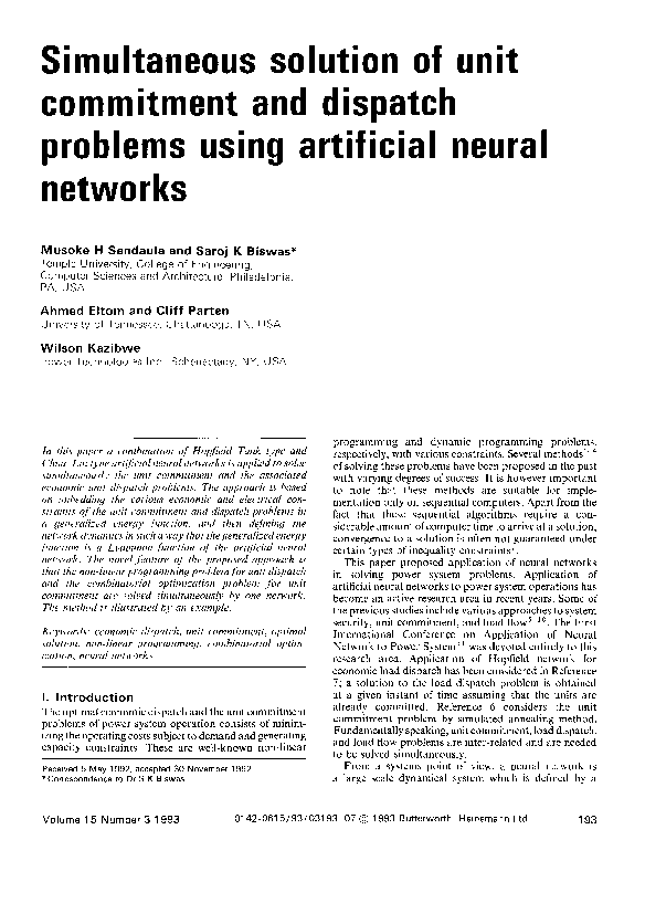 (PDF) Simultaneous solution of unit commitment and dispatch problems using artificial neural ...