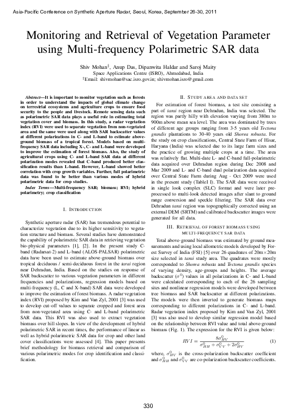 Pdf Monitoring And Retrieval Of Vegetation Parameter Using Multi Frequency Polarimetric Sar Data