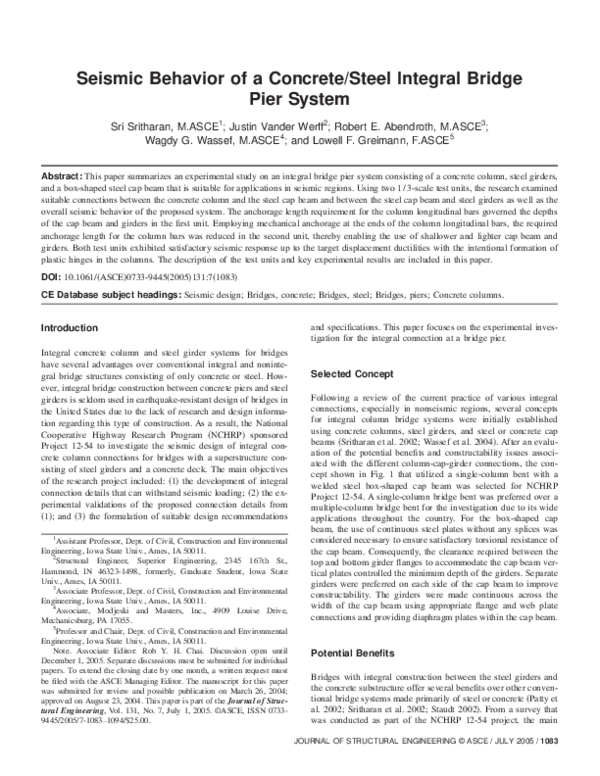 (PDF) Seismic Behavior of a Concrete/Steel Integral Bridge Pier System