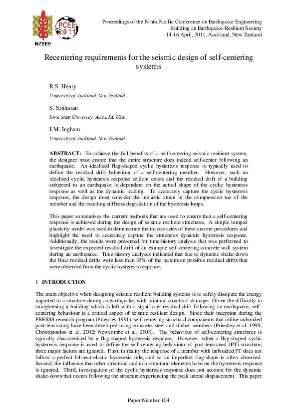 (PDF) Recentering requirements for the seismic design of self-centering ...