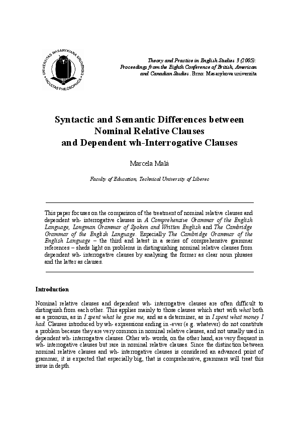 (PDF) Syntactic and Semantic Differences between Nominal Relative Clauses and Dependent wh ...