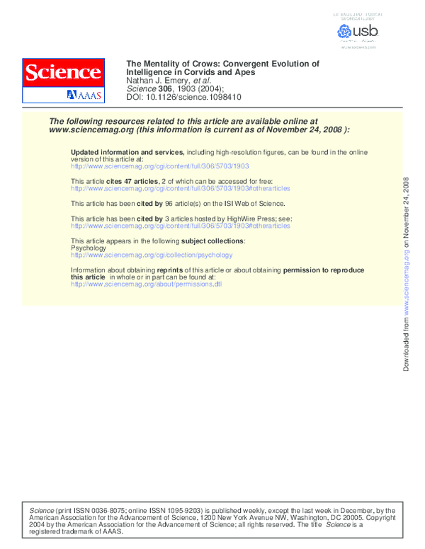 (PDF) The Mentality of Crows: Convergent Evolution of Intelligence in Corvids and Apes