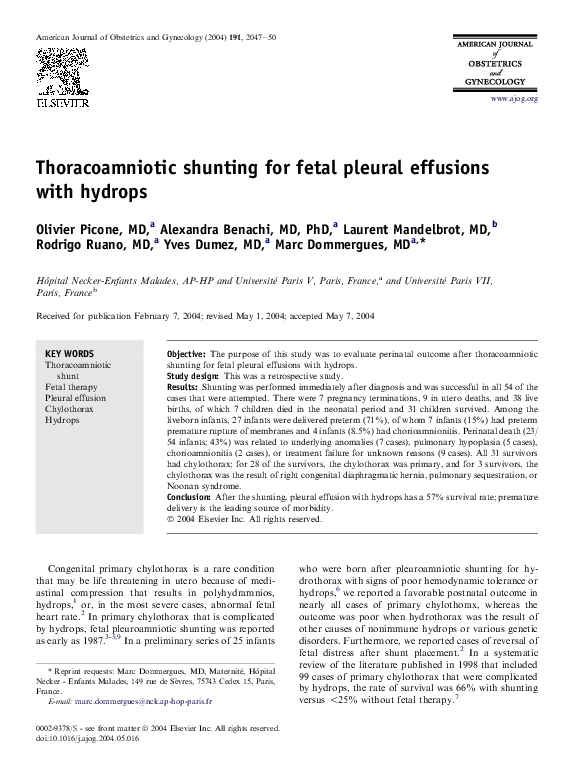 (PDF) Thoracoamniotic shunting for fetal pleural effusions with hydrops