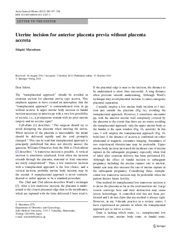 (PDF) Uterine incision for anterior placenta previa without placenta ...