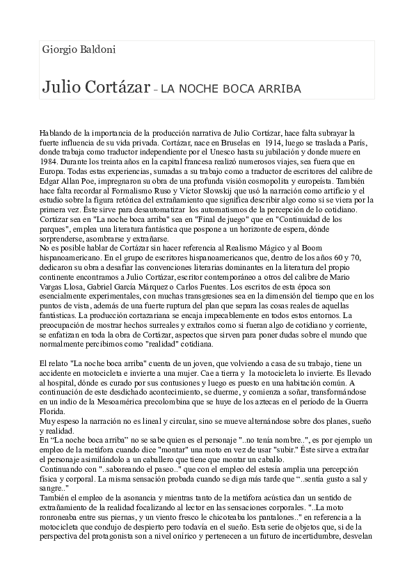 Giorgio Baldoni Julio Cortázar – LA NOCHE BOCA ARRIBA
