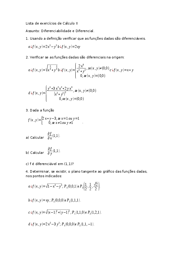 (DOC) Lista de exercicios de Calculo II Diferencial
