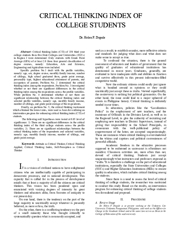 (DOC) Critical Thinking Index in Freshmen Students