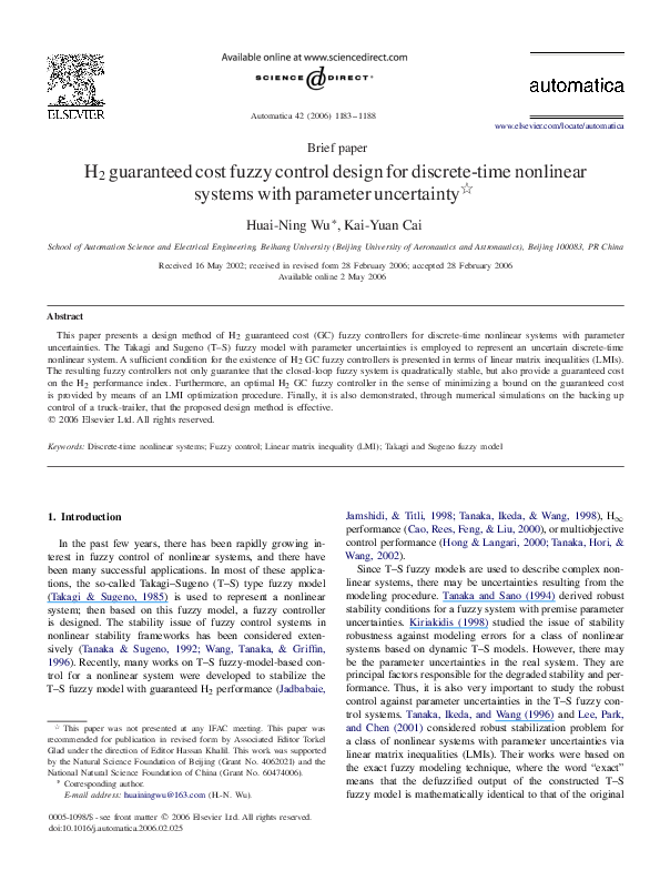 Pdf H2 Guaranteed Cost Fuzzy Control Design For Discrete Time Nonlinear Systems With Parameter