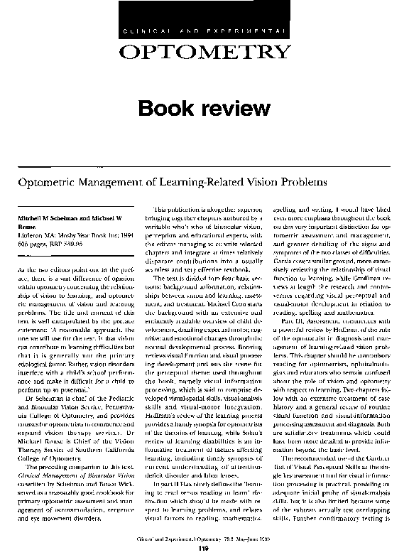 Pdf Optometric Management Of Learning Related Vision Problems