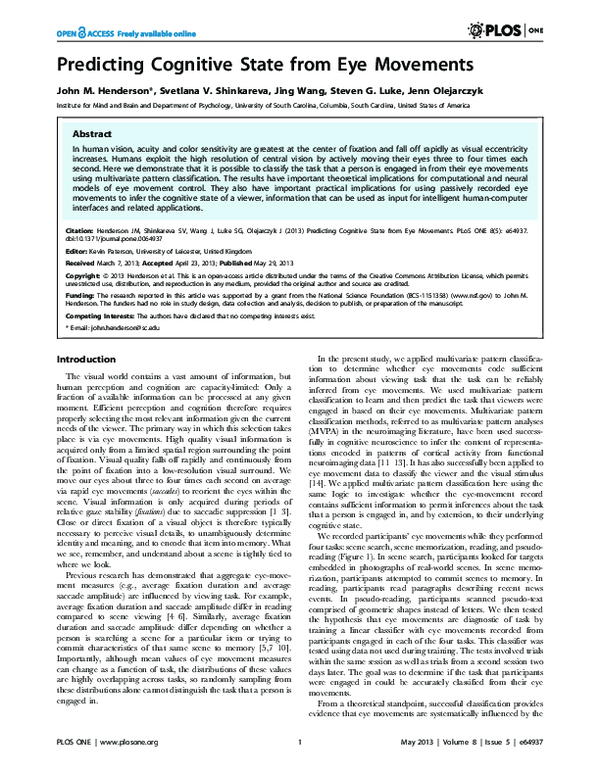 Pdf Predicting Cognitive State From Eye Movements