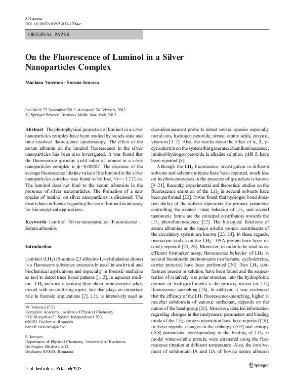 (PDF) On the Fluorescence of Luminol in a Silver Nanoparticles Complex