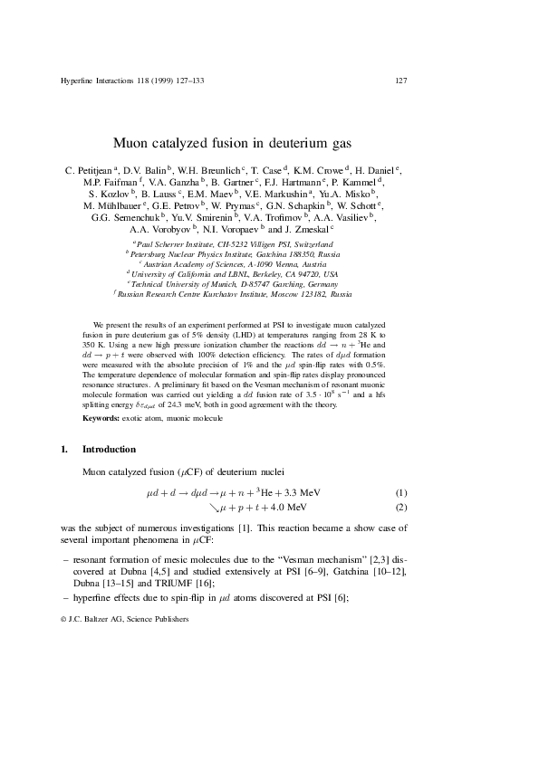 (PDF) Muon catalyzed fusion in deuterium gas