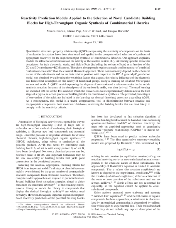 (PDF) Reactivity Prediction Models Applied to the Selection of Novel Candidate Building Blocks ...