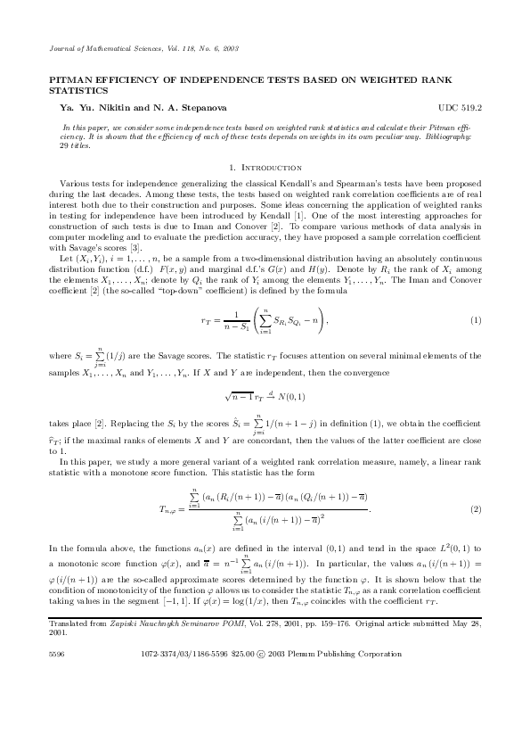 (PDF) Pitman efficiency of independence tests based on weighted rank ...