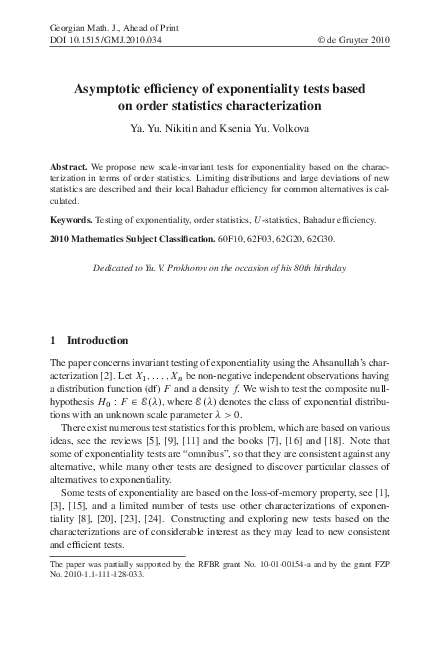Pdf Asymptotic Efficiency Of Exponentiality Tests Based On Order Statistics Characterization
