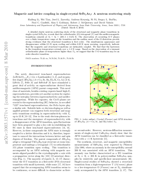 (PDF) Magnetic and lattice coupling in single-crystal SrFe2As2: A neutron scattering study