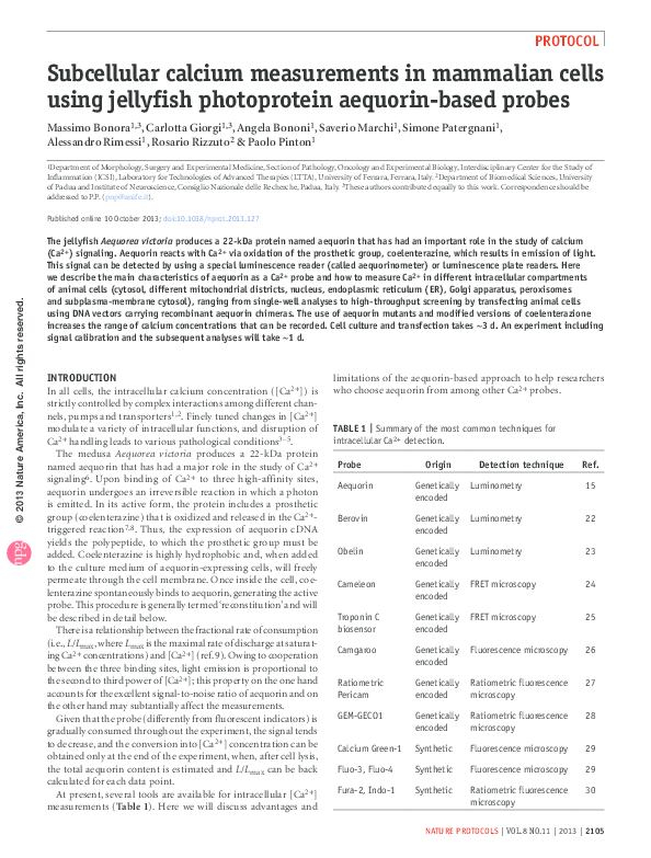 (PDF) Subcellular calcium measurements in mammalian cells using ...