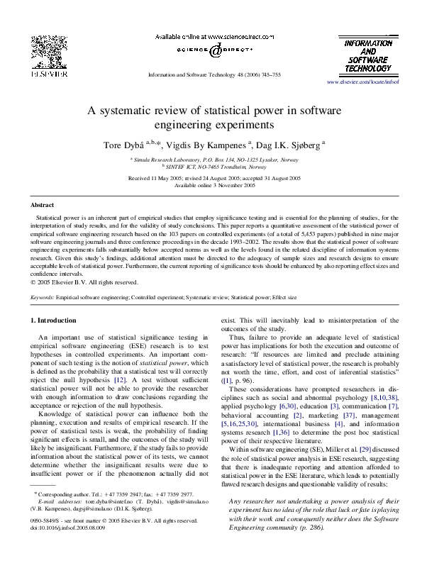 (PDF) A systematic review of statistical power in software engineering experiments