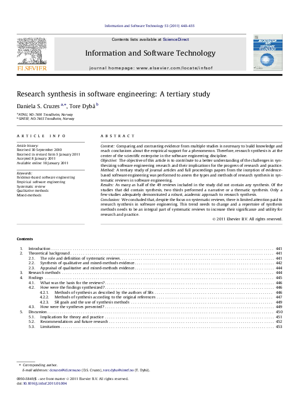 (PDF) Research synthesis in software engineering: A tertiary study