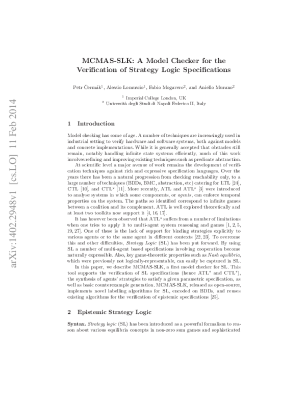 (PDF) MCMAS-SLK: A Model Checker for the Verification of Strategy Logic Specifications