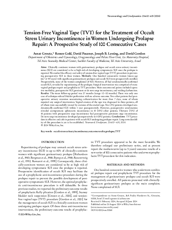 (PDF) Tension-free vaginal tape (TVT) for the treatment of occult ...