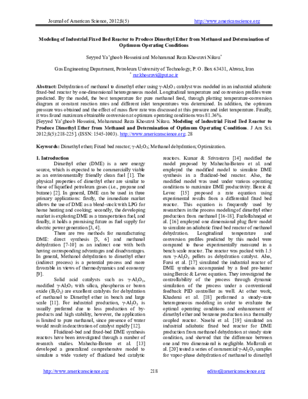 Pdf Modeling Of Industrial Fixed Bed Reactor To Produce Dimethyl