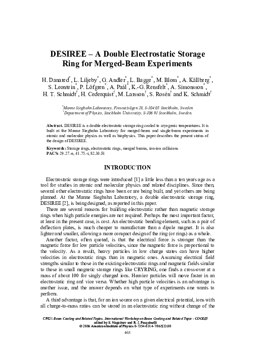 (PDF) DESIREE - A Double Electrostatic Storage Ring for Merged-Beam ...