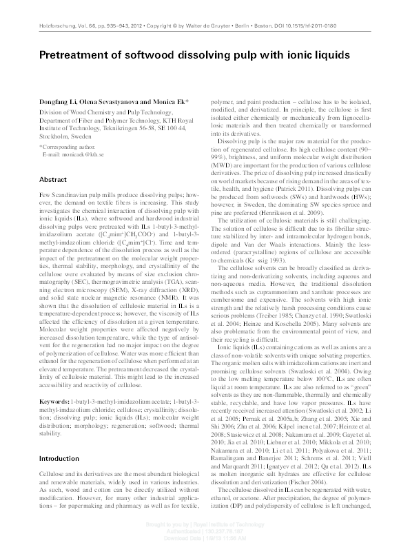 (PDF) Pretreatment of softwood dissolving pulp with ionic liquids