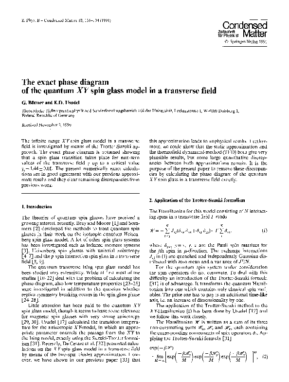 (PDF) The exact phase diagram of the quantumXY spin glass model in a ...