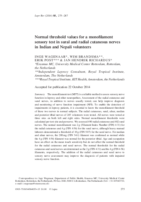(PDF) Normal threshold values for a monofilament sensory test in sural ...