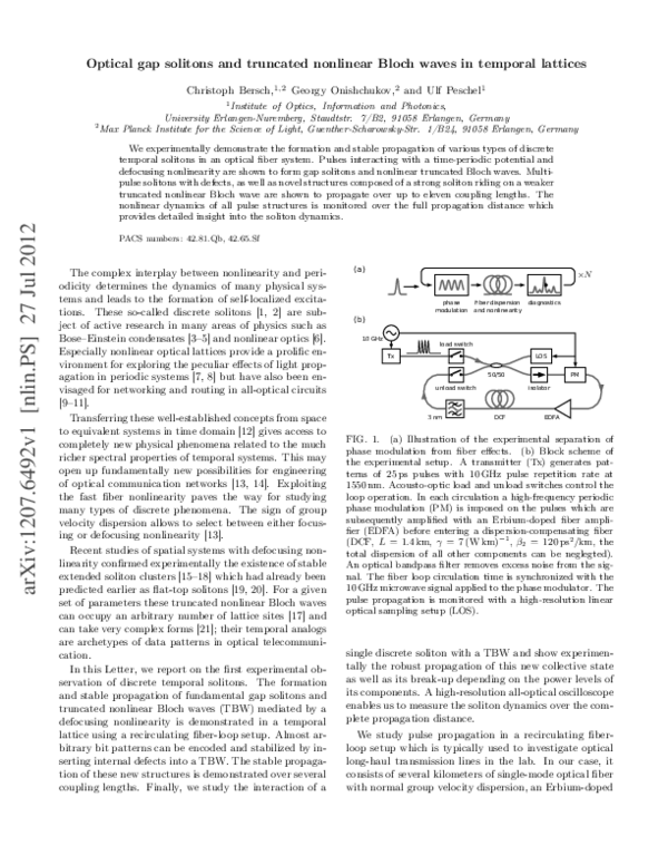 (PDF) Optical Gap solitons and Truncated Nonlinear Bloch Waves in Temporal Lattices | Ulf ...