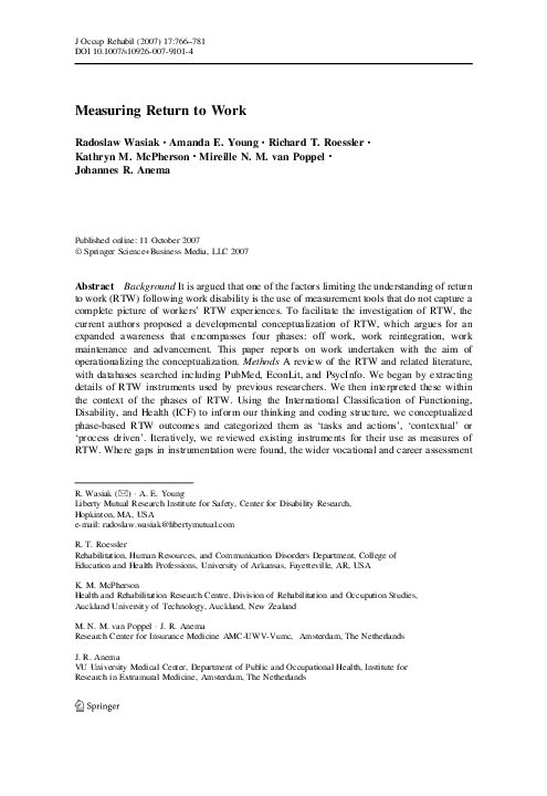 (PDF) Measuring Return to Work