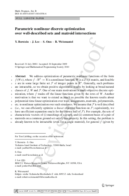 (PDF) Parametric nonlinear discrete optimization over well-described sets and matroid intersections